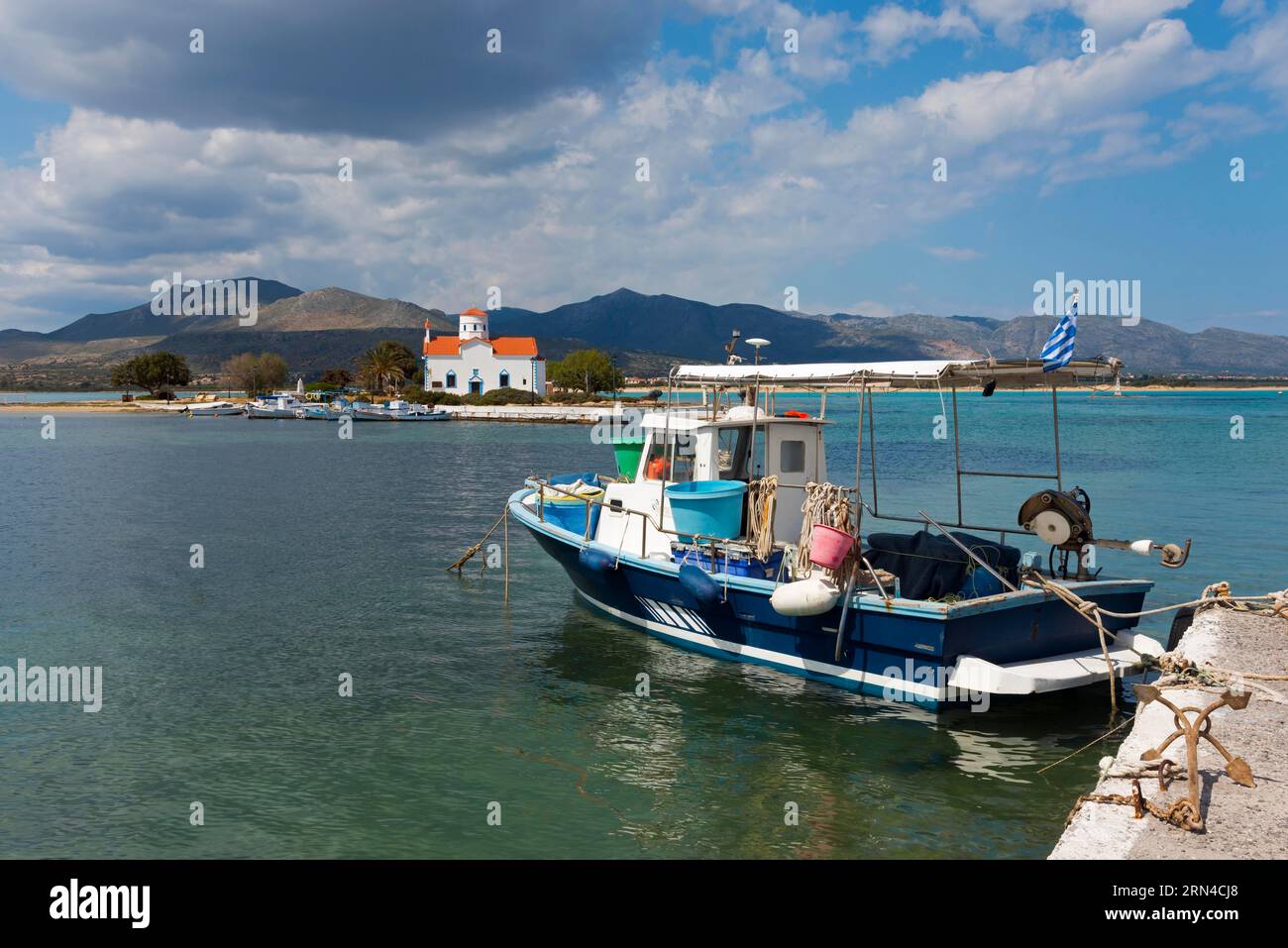 Ship in the harbour, in the background Greek Orthodox Church Saint ...
