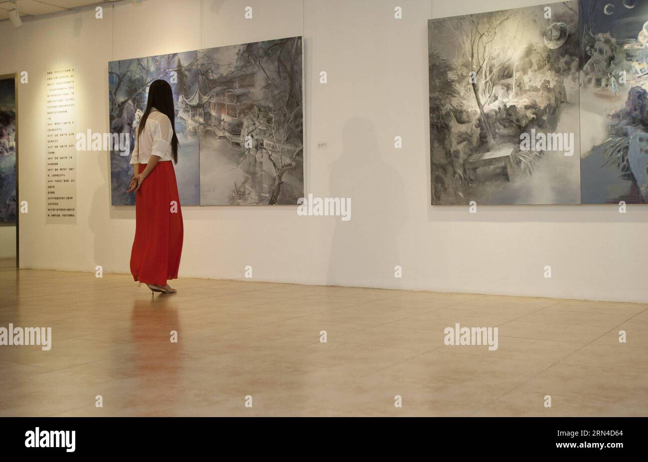 (150517) -- BEIJING, May 17, 2015 -- A visitor looks at oil paintings by painter Zhang Yucong in ...
