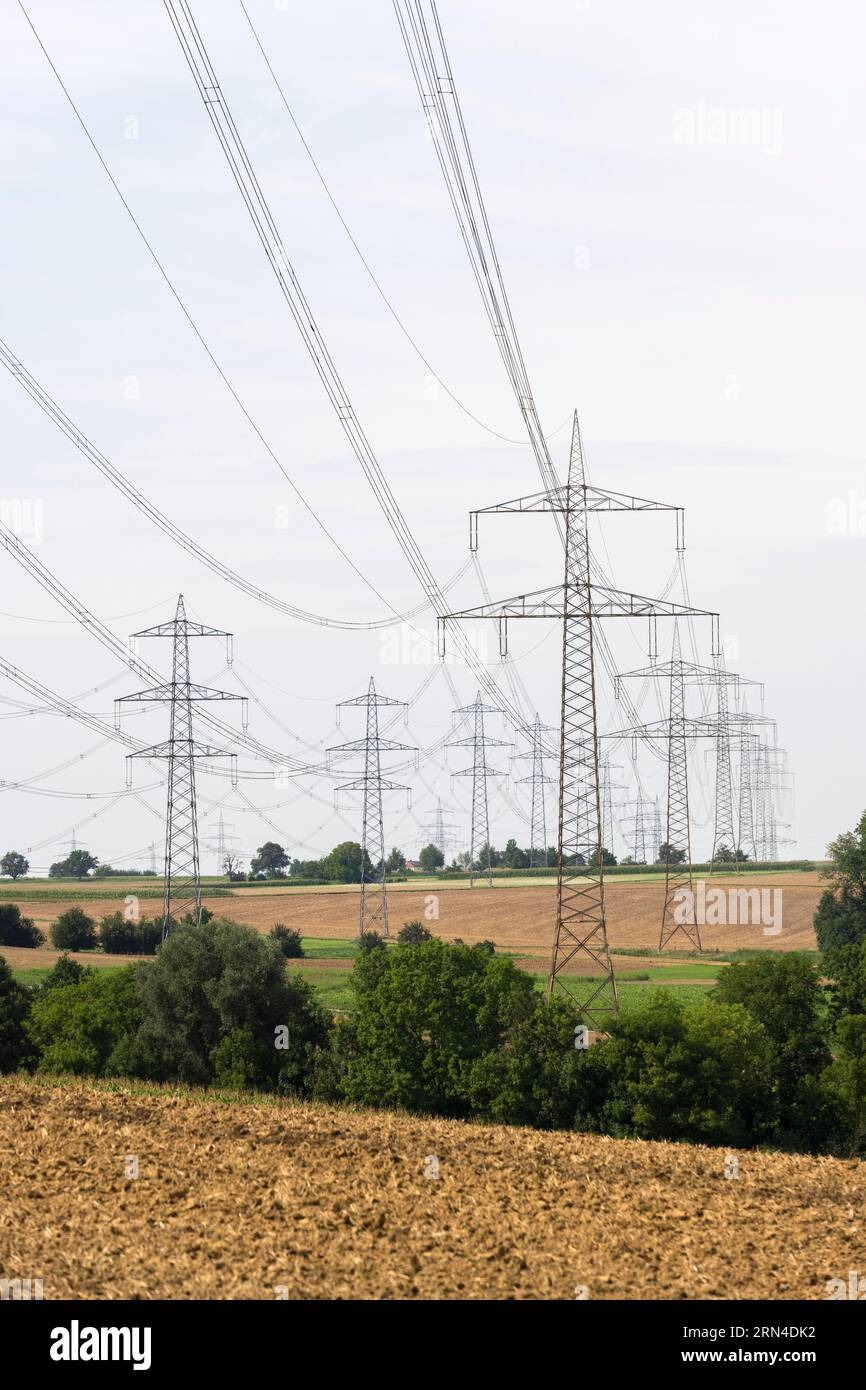 Power pylons of an overhead line, Baden-Wuerttemberg, Germany Stock ...