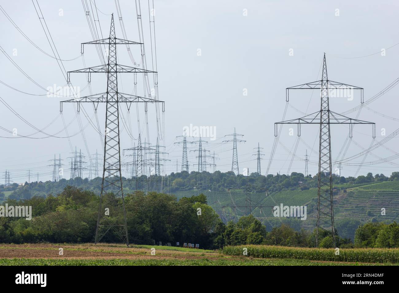 Power pylons of an overhead line, Baden-Wuerttemberg, Germany Stock ...