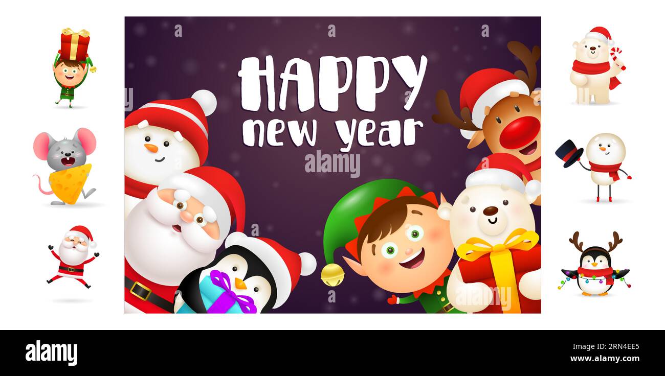 Happy New Year banner with smiling cartoon characters Stock Vector ...