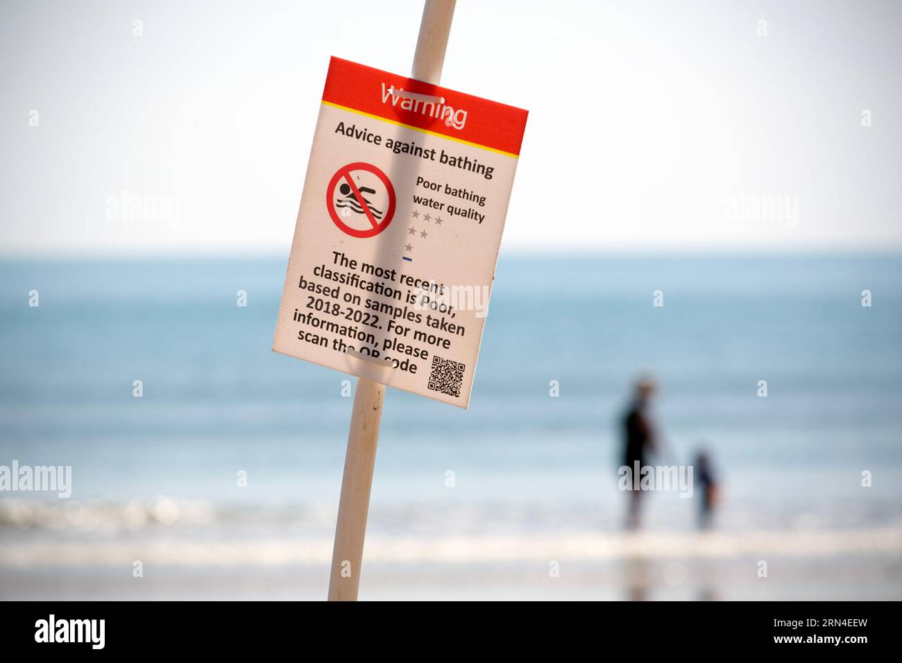 Signs on the beach in Scarborough, north Yorkshire. The water quality ...