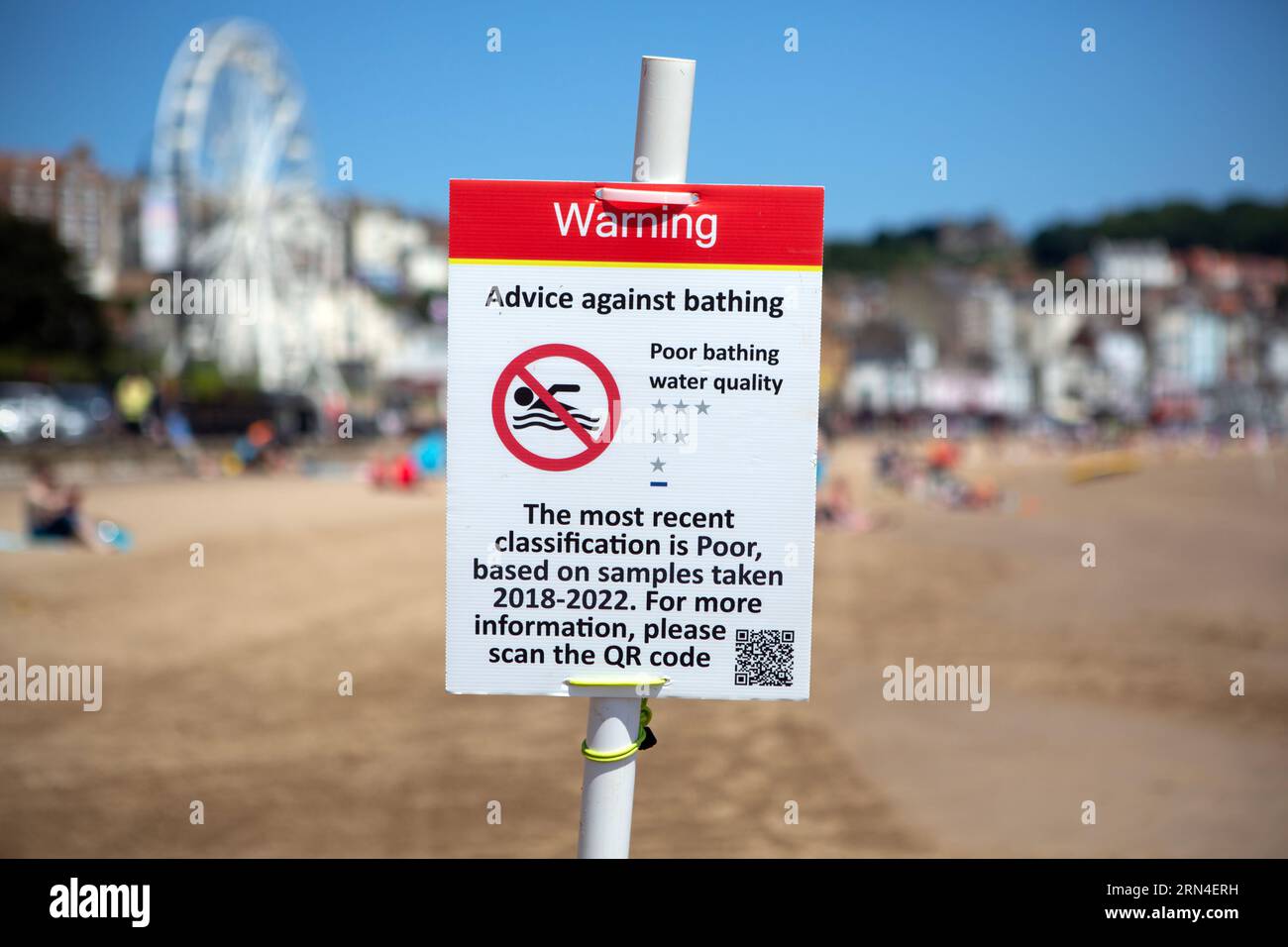 Warning signs on the beach at Scarborough, north Yorkshire where the ...