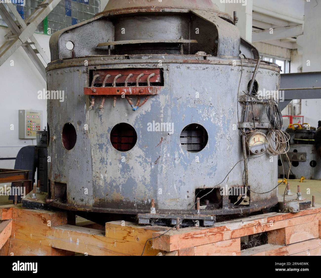 Engines of water pumps at a water pumping station. Pumping irrigation ...