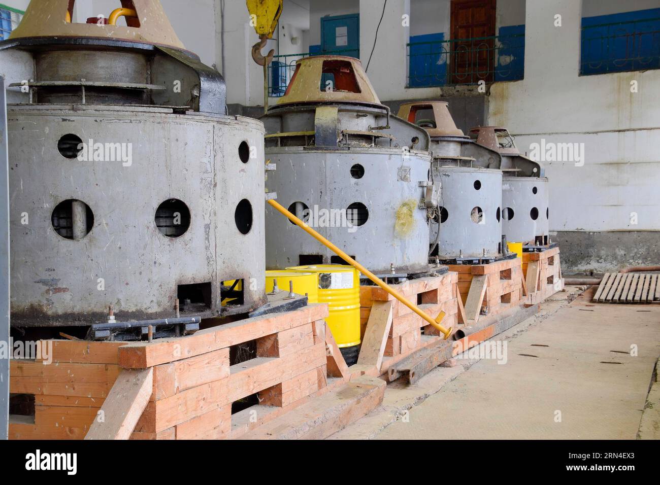 Engines of water pumps at a water pumping station. Pumping irrigation ...