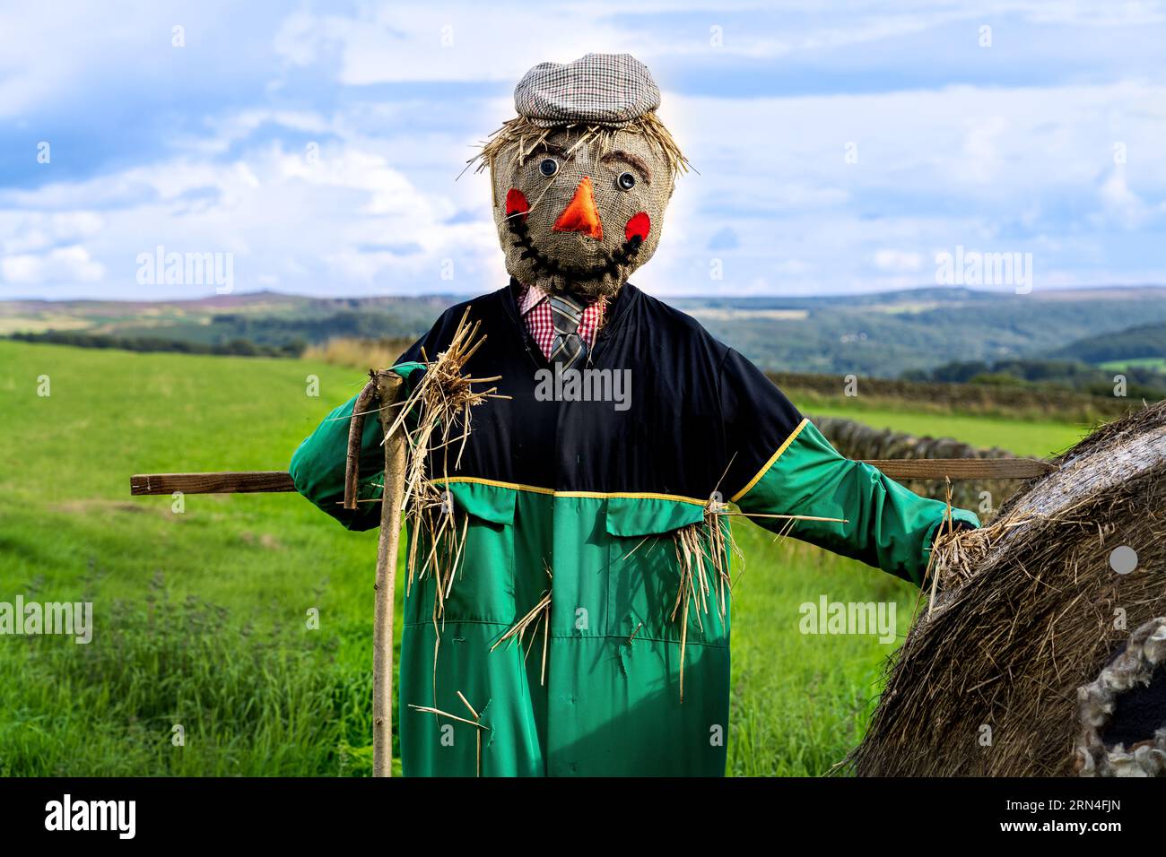 Scarecrow in a farmers field happy smiling face wearing a flat cap and ...