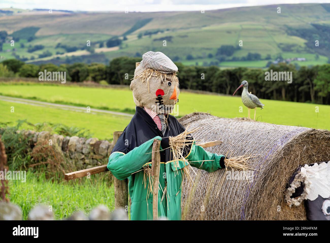 Scarecrow in a farmers field happy smiling face wearing a flat cap and ...