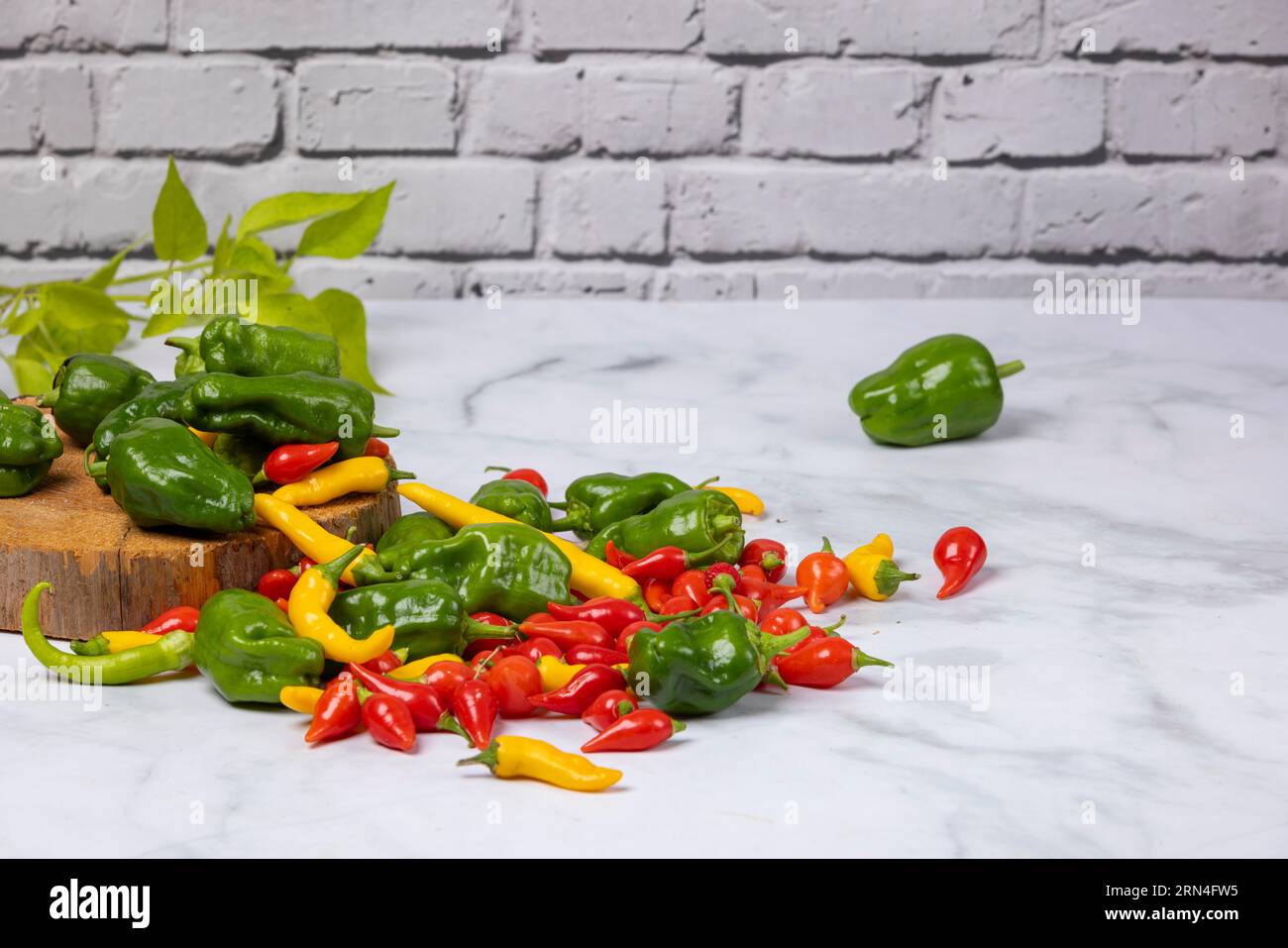 Various peppers in red, yellow and green, on and next to wooden disc ...