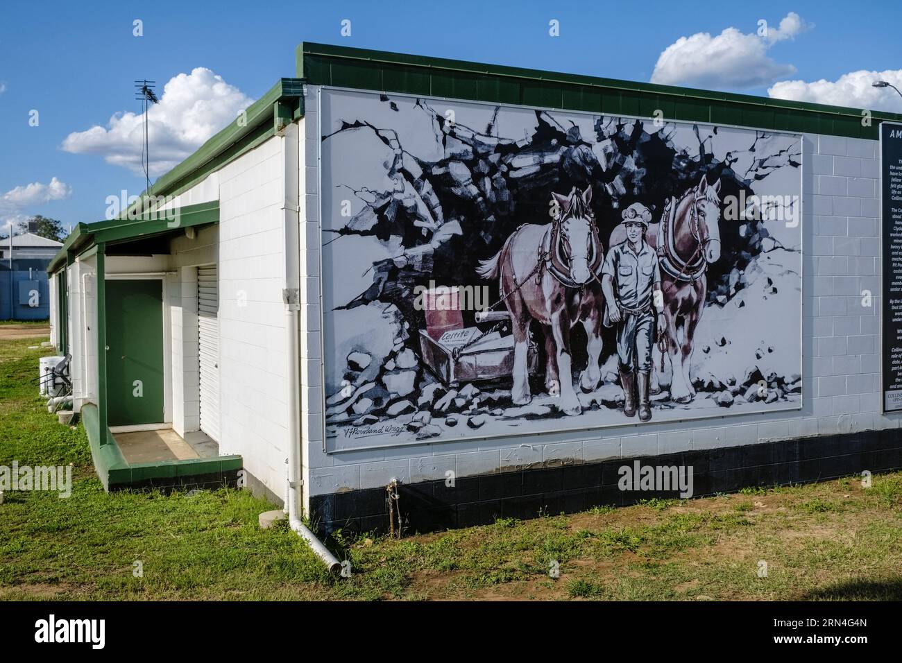 A mural by F J Rowland Wregg depicting a coal miner and pit ponies to ...