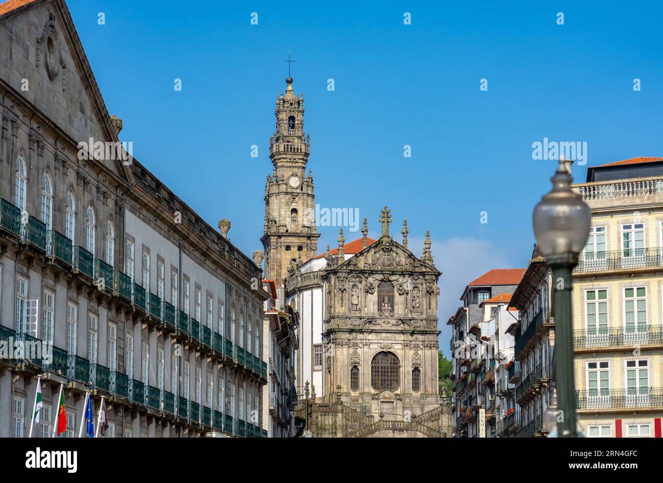 famous landmark clergios tower in downtown Porto with blue sky Stock ...