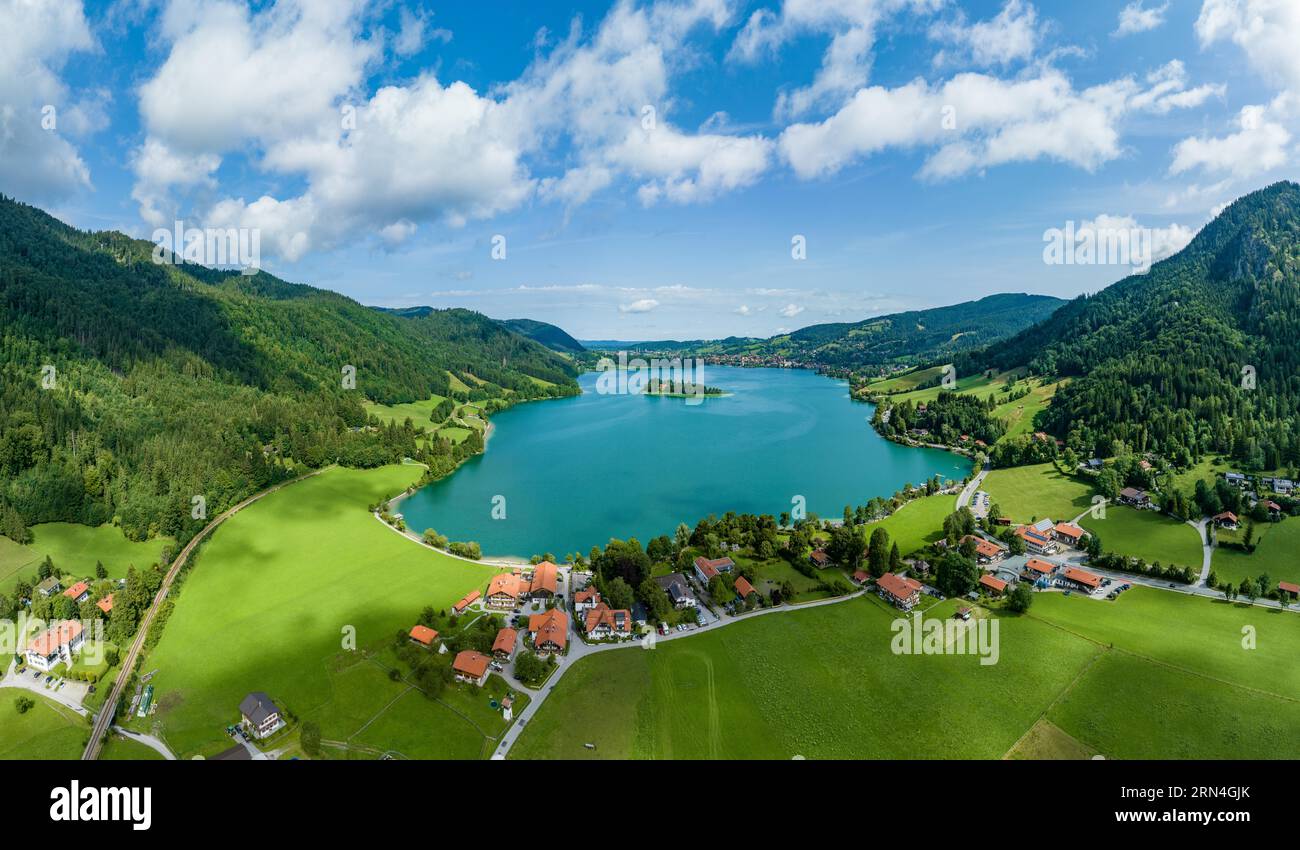 Aerial view, Schliersee with the town of Schliersee, Upper Bavaria ...
