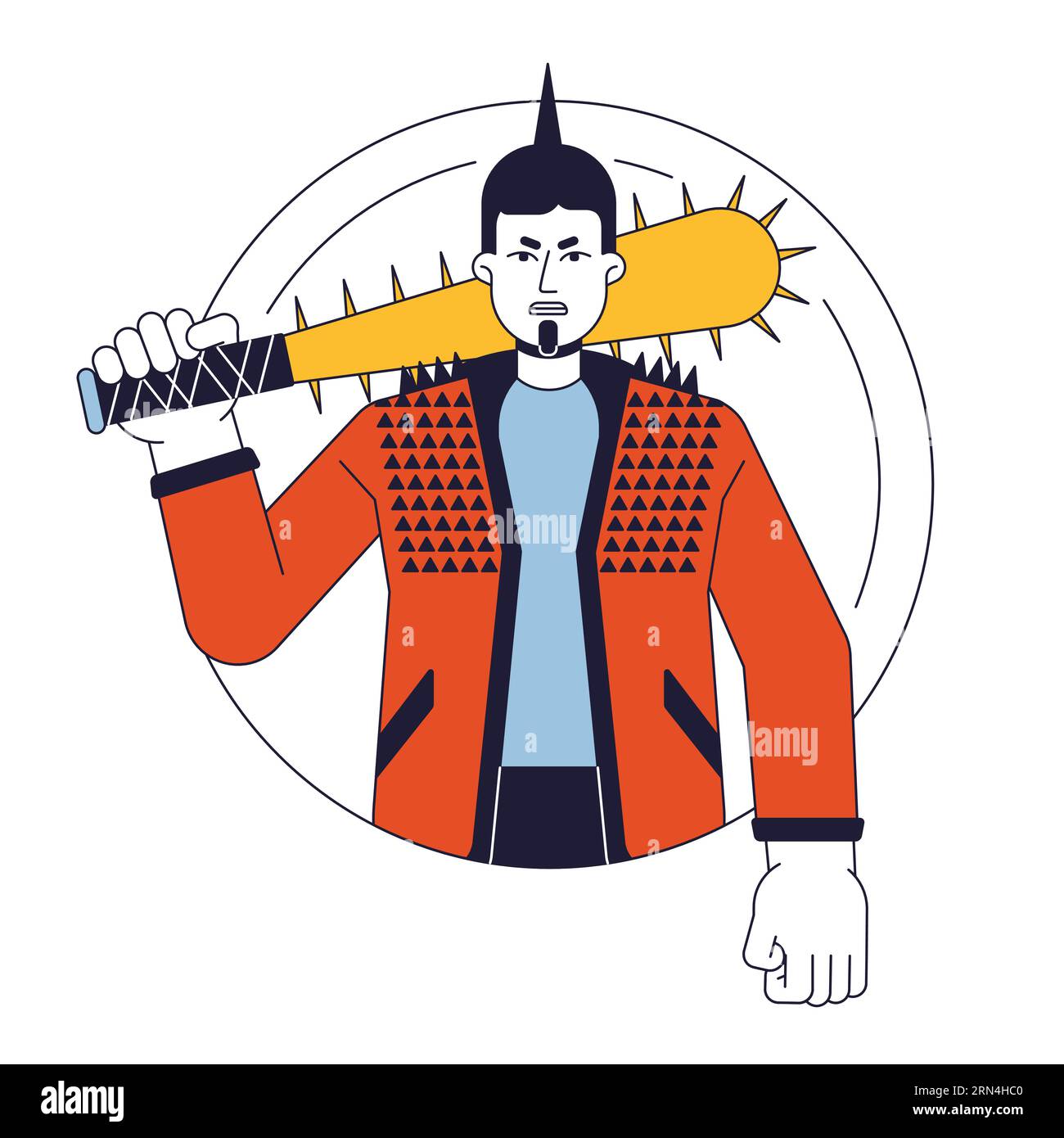 Aggressive punk with baseball bat flat line color vector character ...