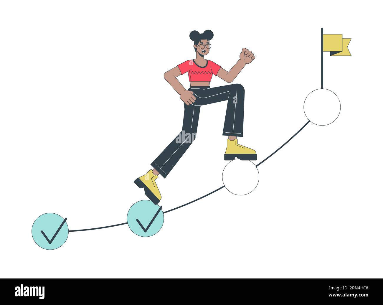 Woman going up on milestones flat line concept vector spot illustration ...