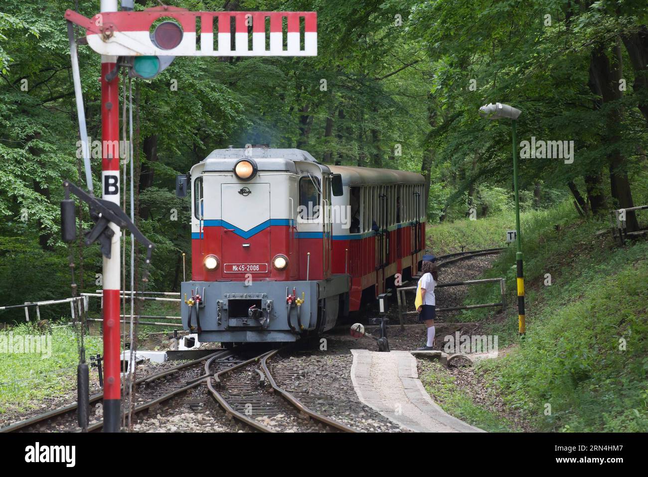 A train arrives at Huvosvolgy station of the Children s Railway in ...