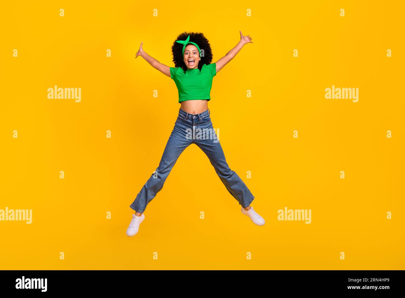 Full body portrait of active overjoyed person jumping raise hands make ...