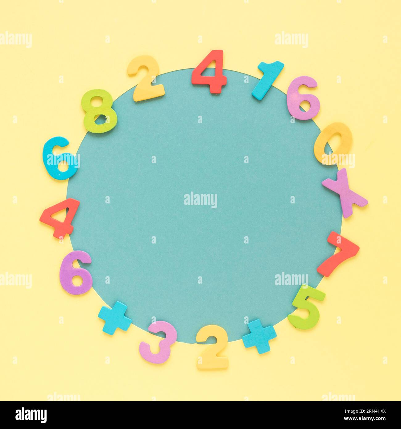 Colourful math numbers frame surrounding blue circular shape Stock ...