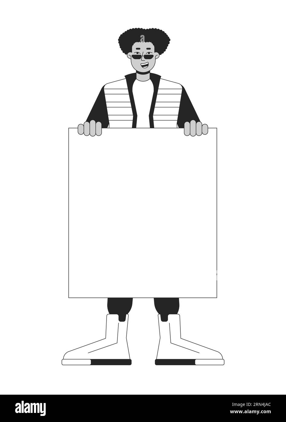 Happy black man with empty blank flat line black white vector character ...