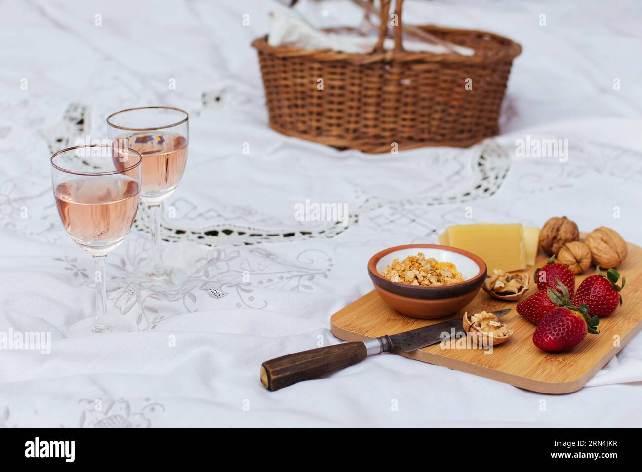 High angle picnic white sheet Stock Photo - Alamy