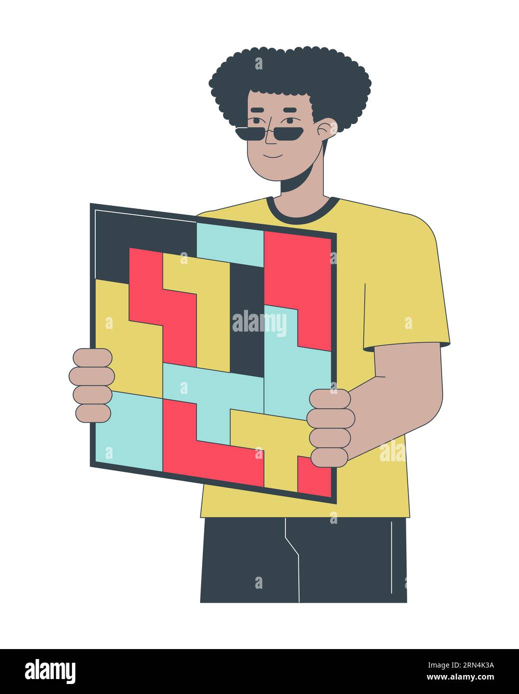 Man holding puzzles board flat line concept vector spot illustration ...
