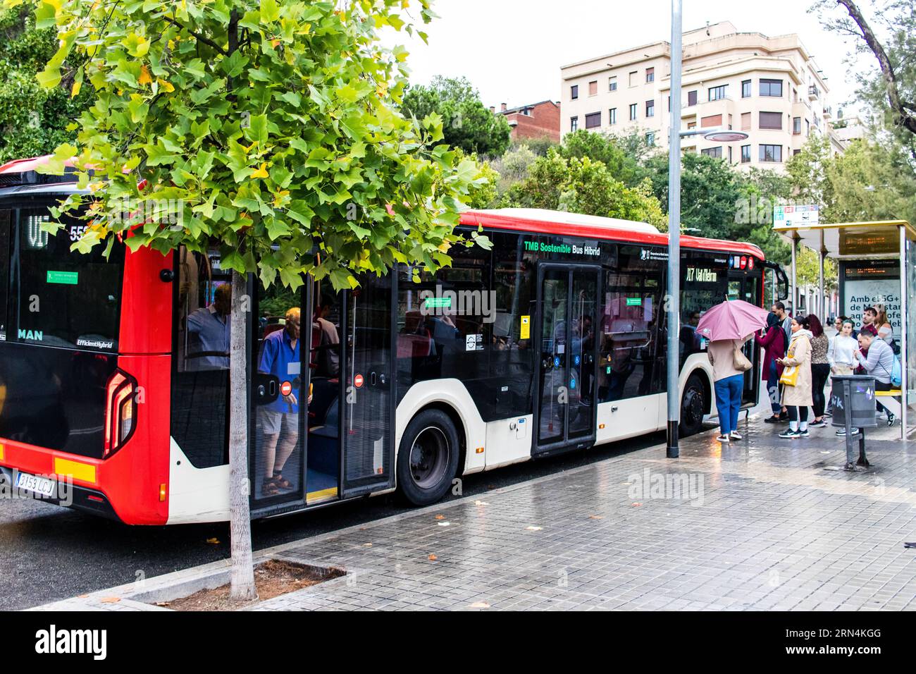 Barcelona, Spain - August 28, 2023 Bus driving in the streets of ...