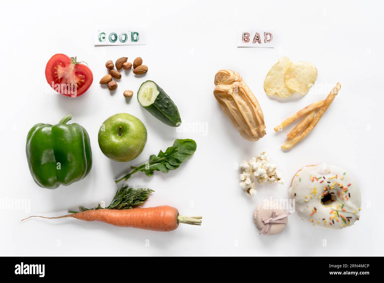 Top view good bad food isolated white background Stock Photo - Alamy