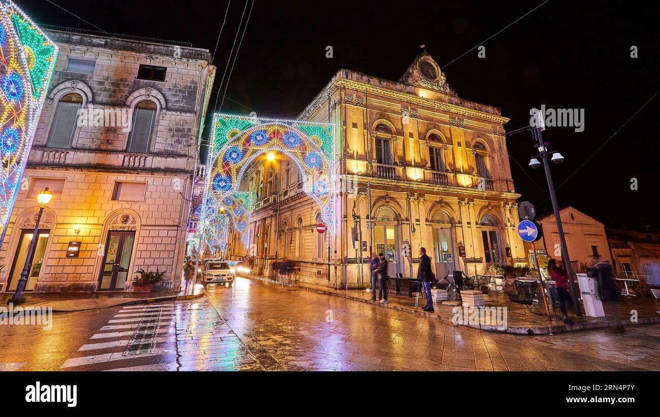 Night shot, illuminated historical buildings, festive street lighting ...
