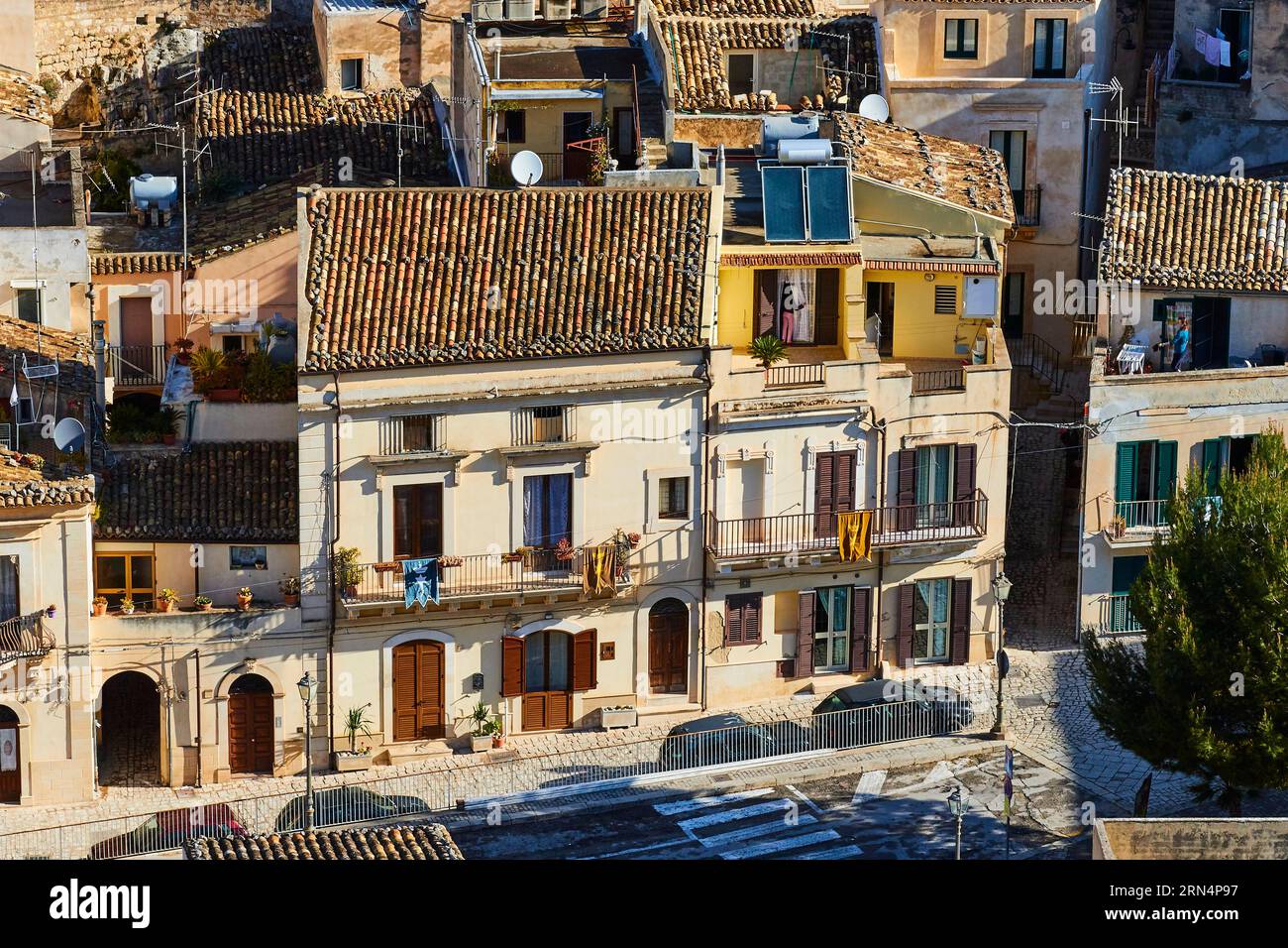 House in the old town, oblique from above, colourful, flags, Scigli ...