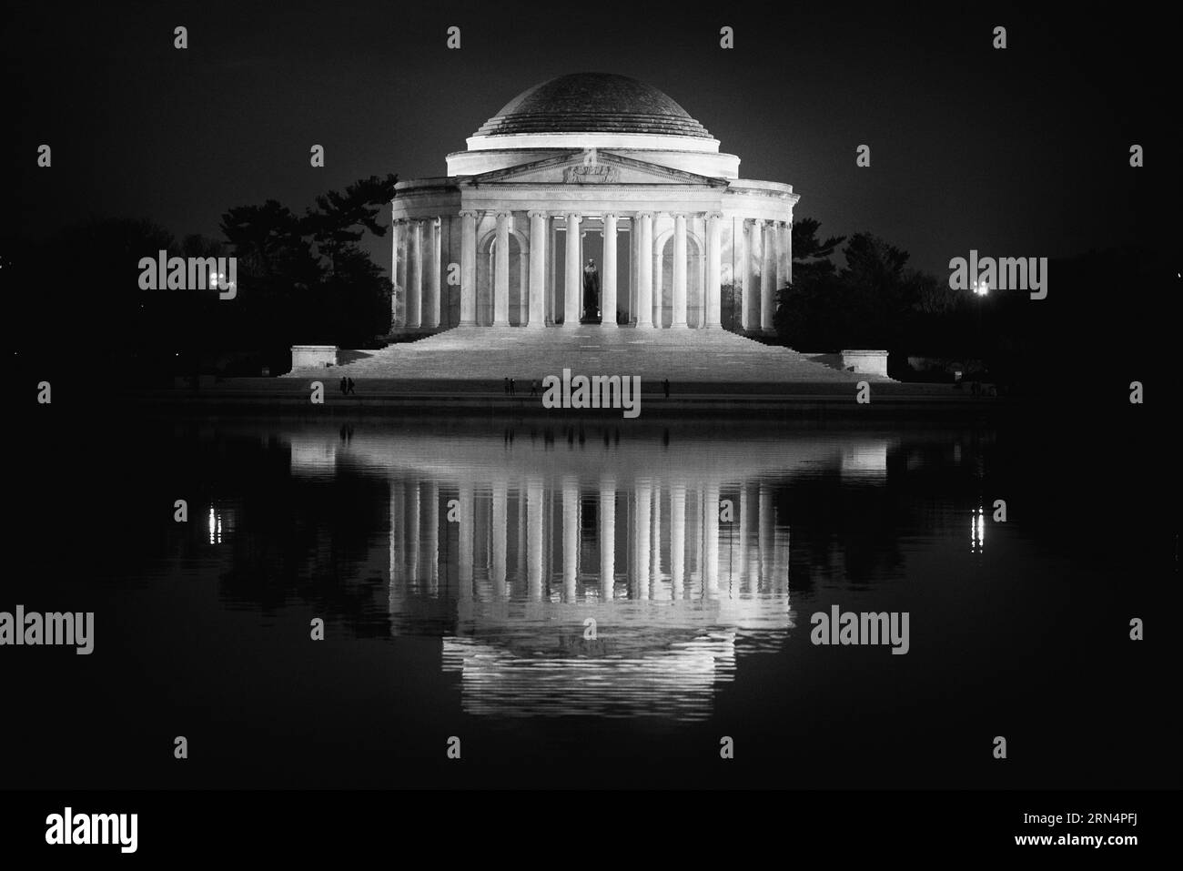Jefferson Memorial at night, Tidal Basin, Washington, D.C. Black and ...