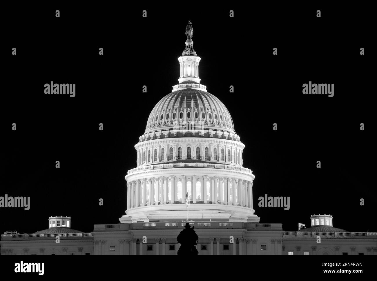 US Capitol Building dome at night, Capitol Hill. Black and white ...