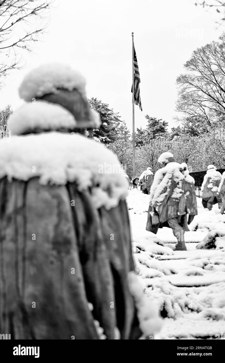 Korean War Memorial soldiers in snow, Washington, D.C. Black and white ...