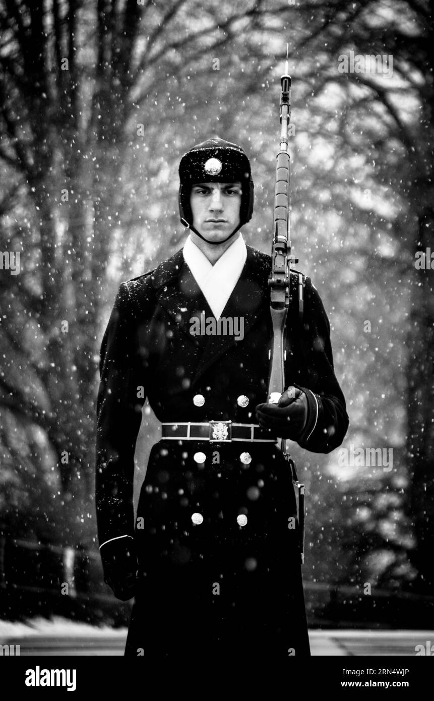 Sentinel at Tomb of the Unknowns in Snowfall, Arlington VA / Black and ...