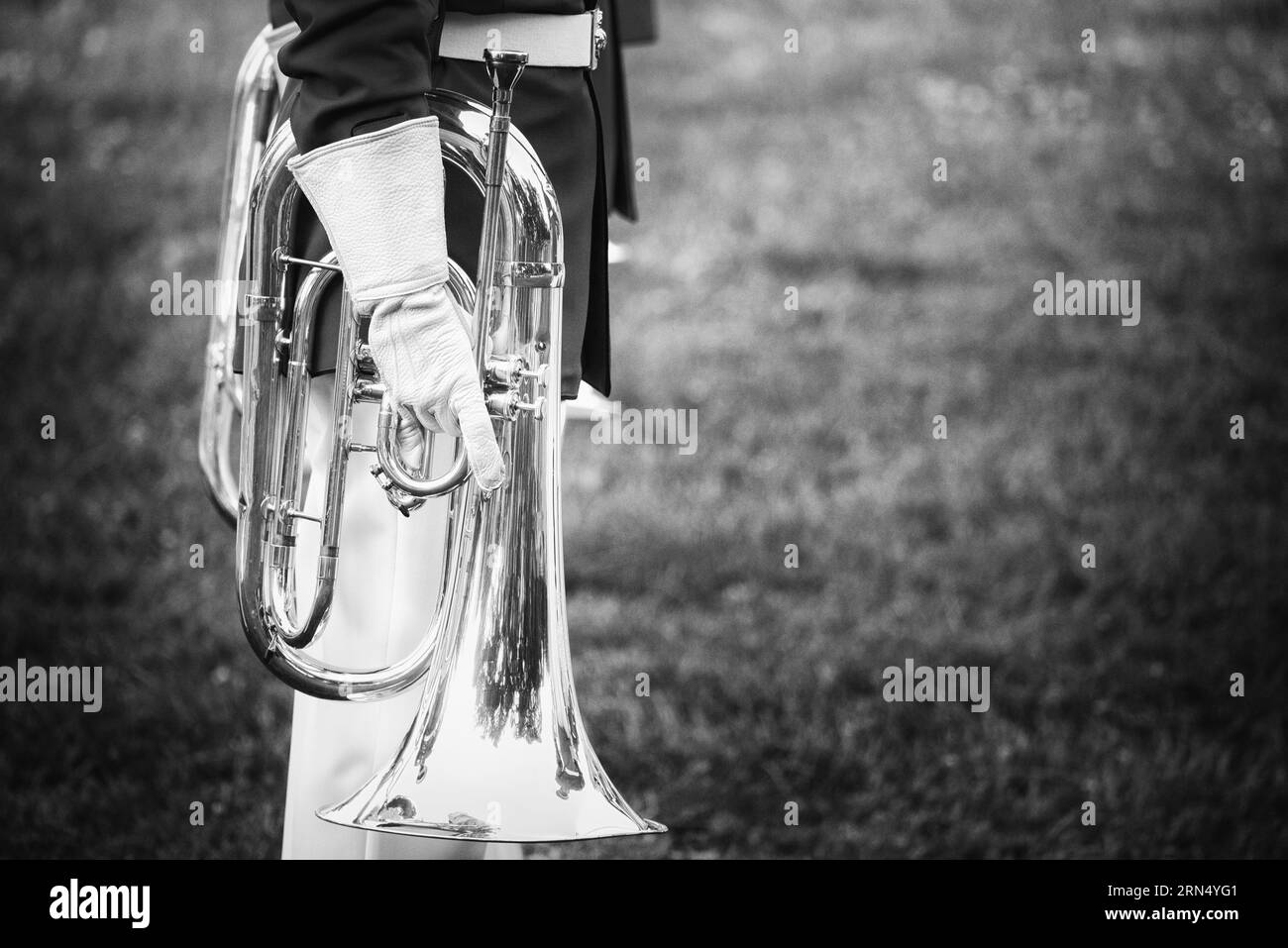 Drum and bugle corps member at the Iwo Jima Memorial, Arlington. Black ...