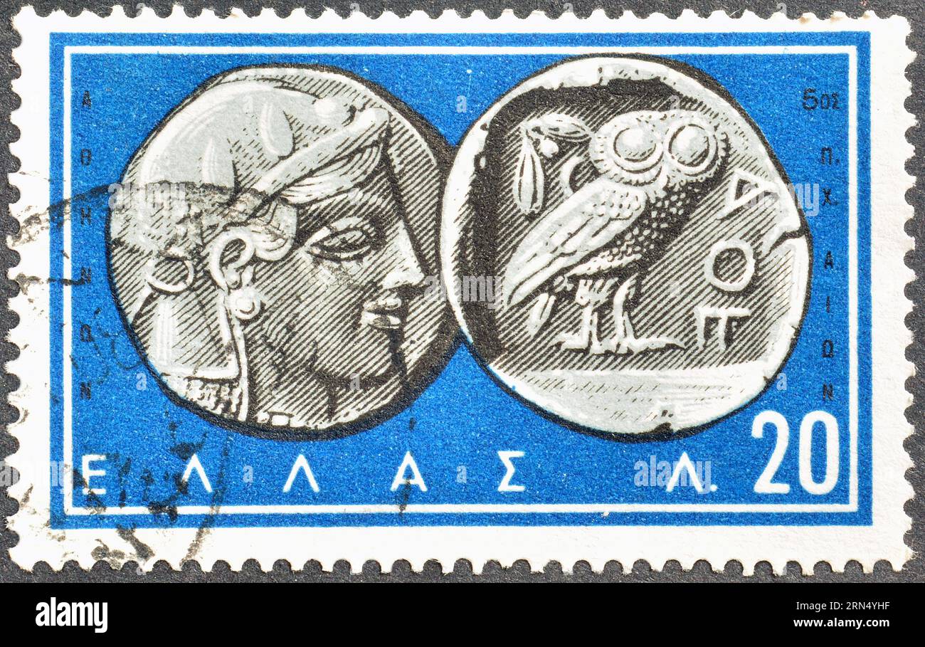 Cancelled postage stamp printed by Greece, that shows Athena and Owl ...