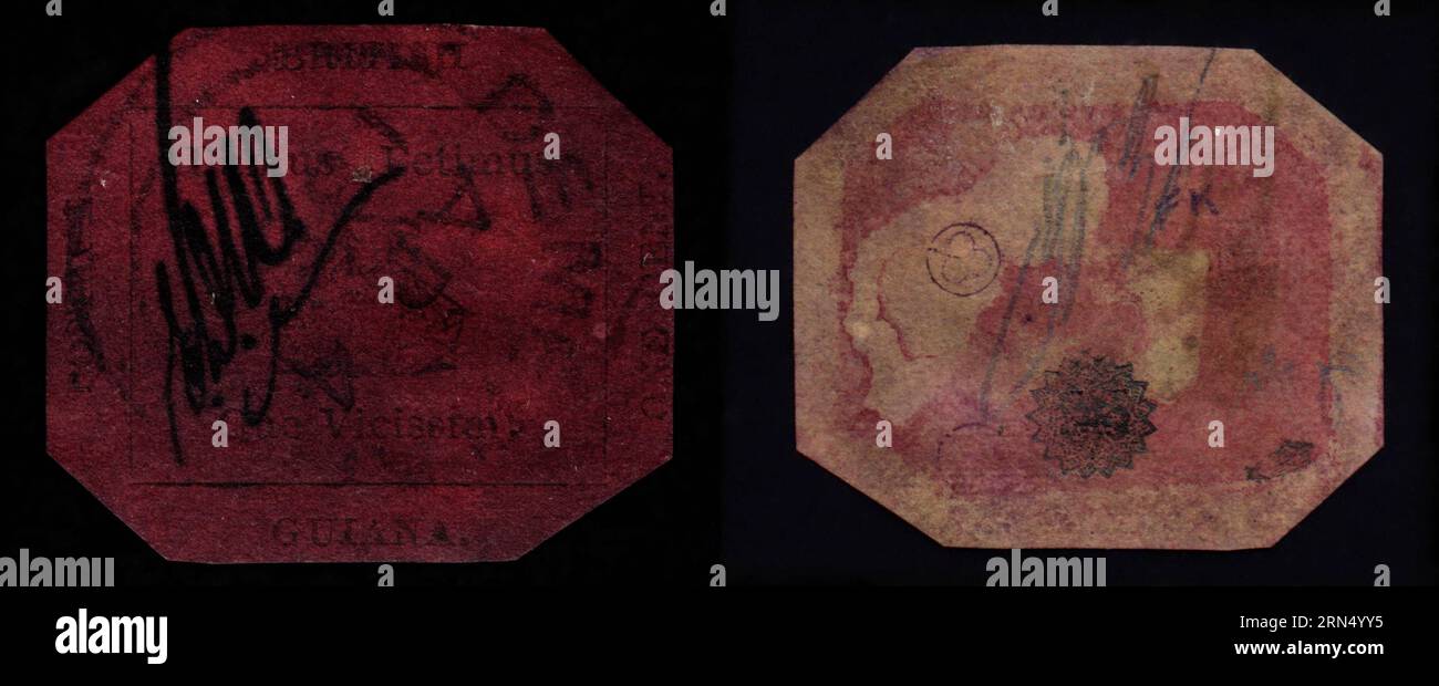 The combined photo shows the British Guiana One-Cent Magenta (L) and ...
