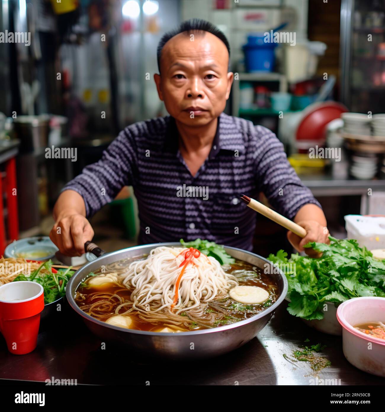 A Vietnamese cook sits in his street kitchen and offers Pho, a ...