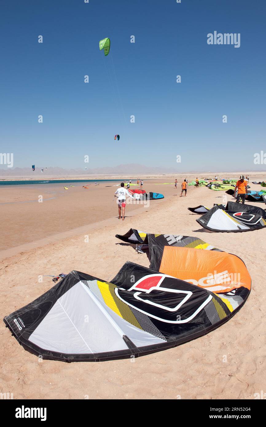 Kite sails lying on the beach on the Red Sea, kite surfers in the ...