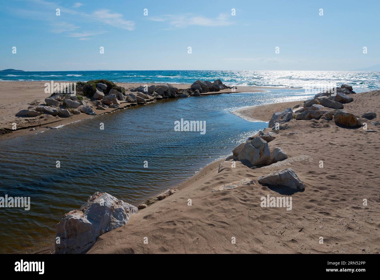 River Ryaki Kentros flows into the sea, Kalogria, Achaia, Peloponnese ...