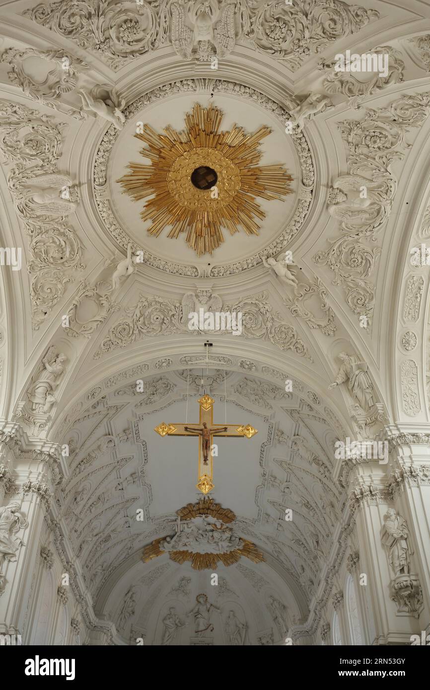 Interior view with ceiling fresco and golden crucifix from the ...