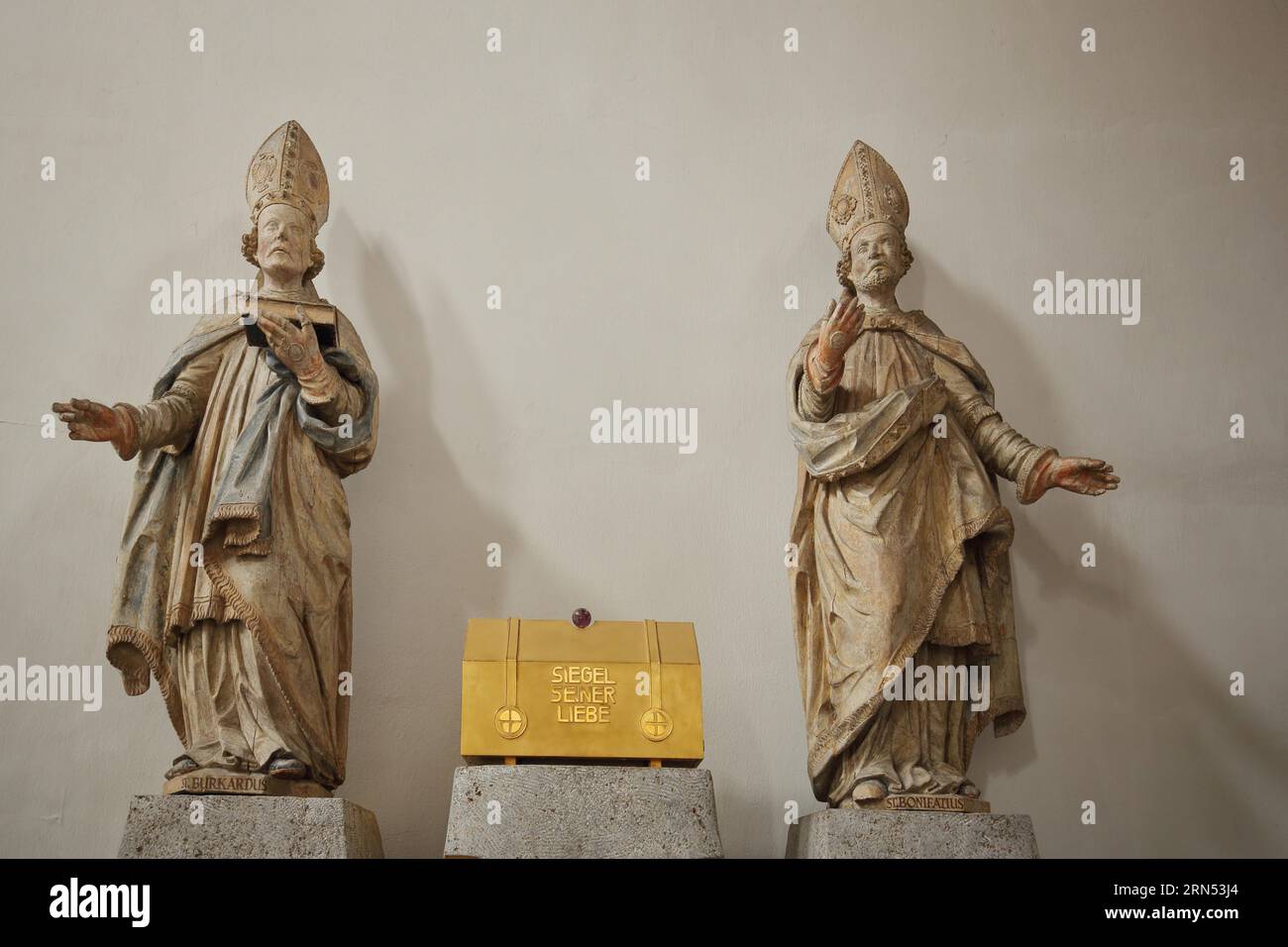 Two sculptures Saint Burkardus and Boniface with inscription in the ...