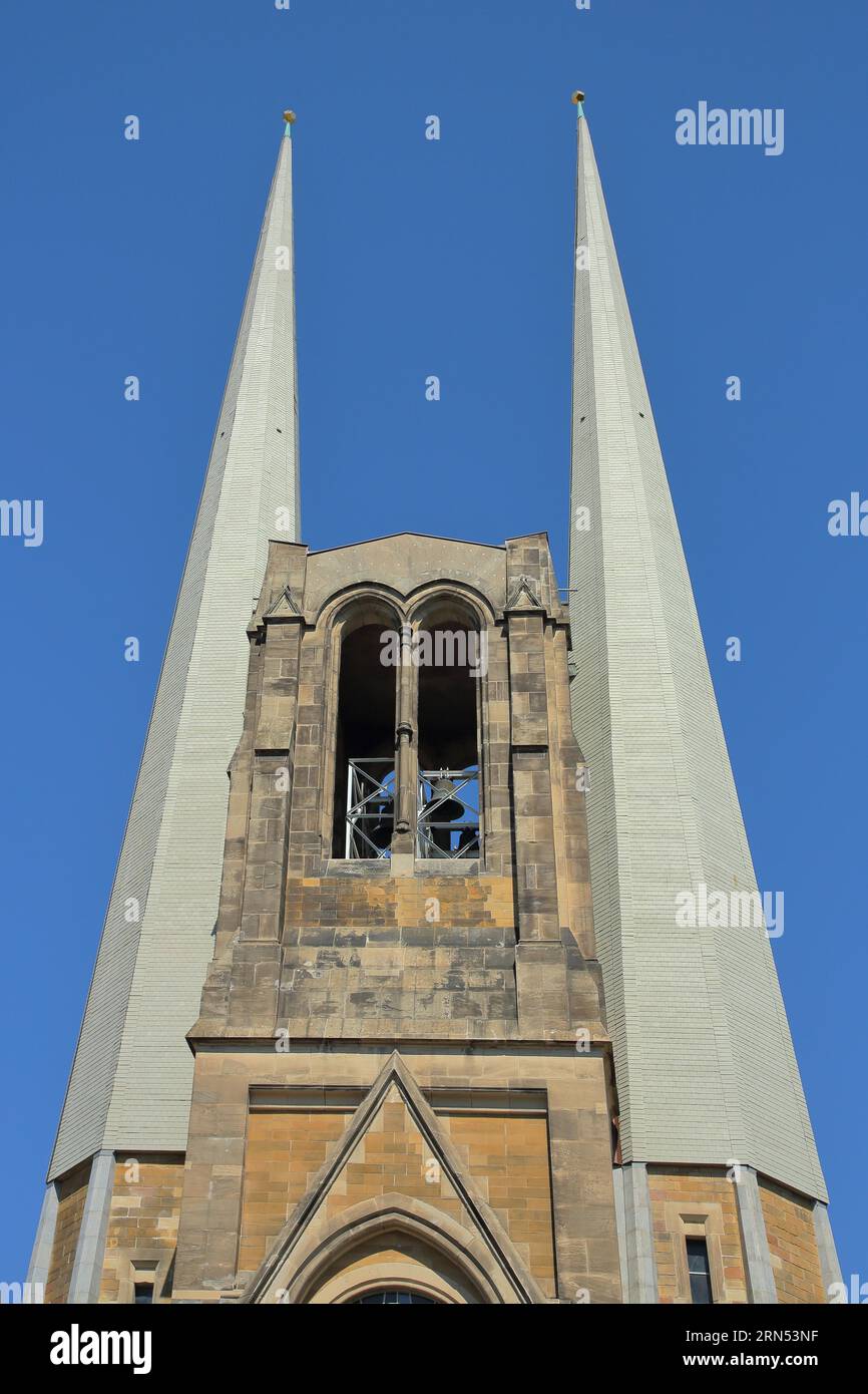 Modern pointed double towers of the St. Johannis Church, Johanniskirche ...