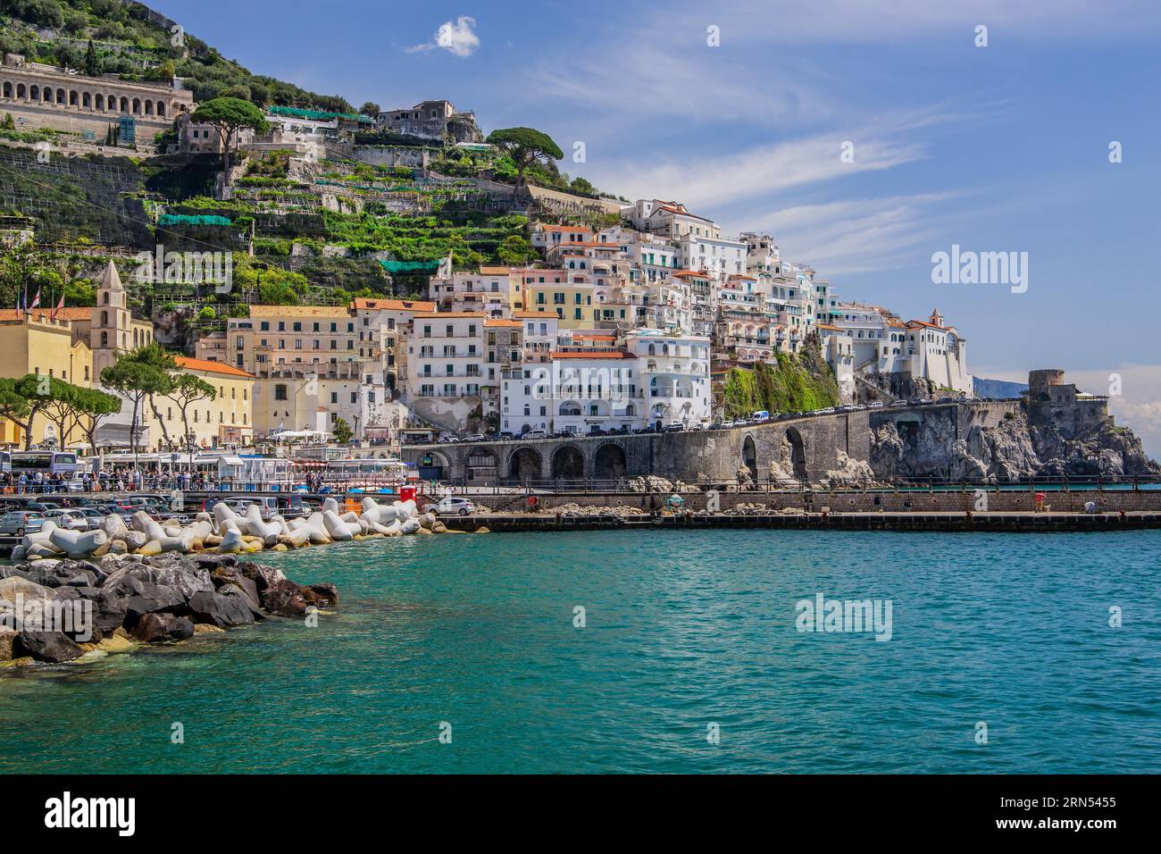 Village view on the hillside with the shore road, Amalfi, Amalfi Coast, Gulf of Salerno, Salerno ...