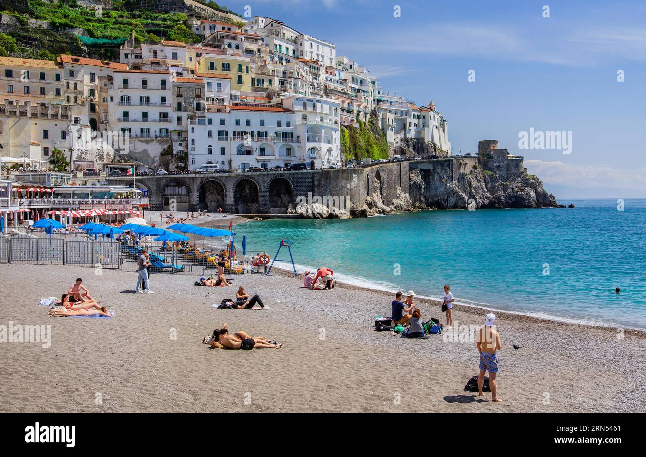 Beach with village view on the mountainside, Amalfi, Amalfi Coast, Gulf ...