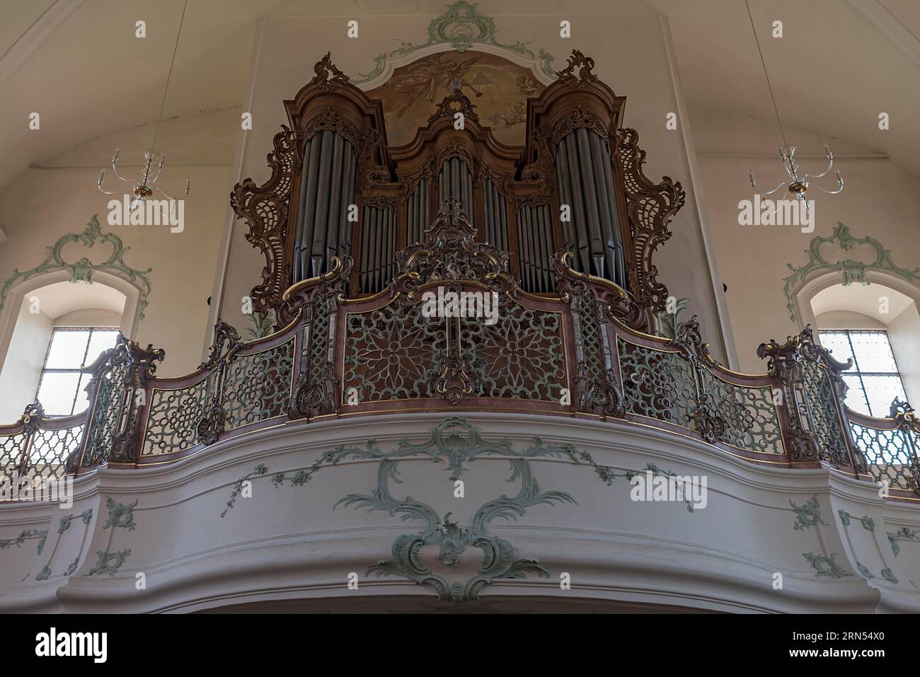 Organ loft in the baroque pilgrimage church of St. Landelin ...
