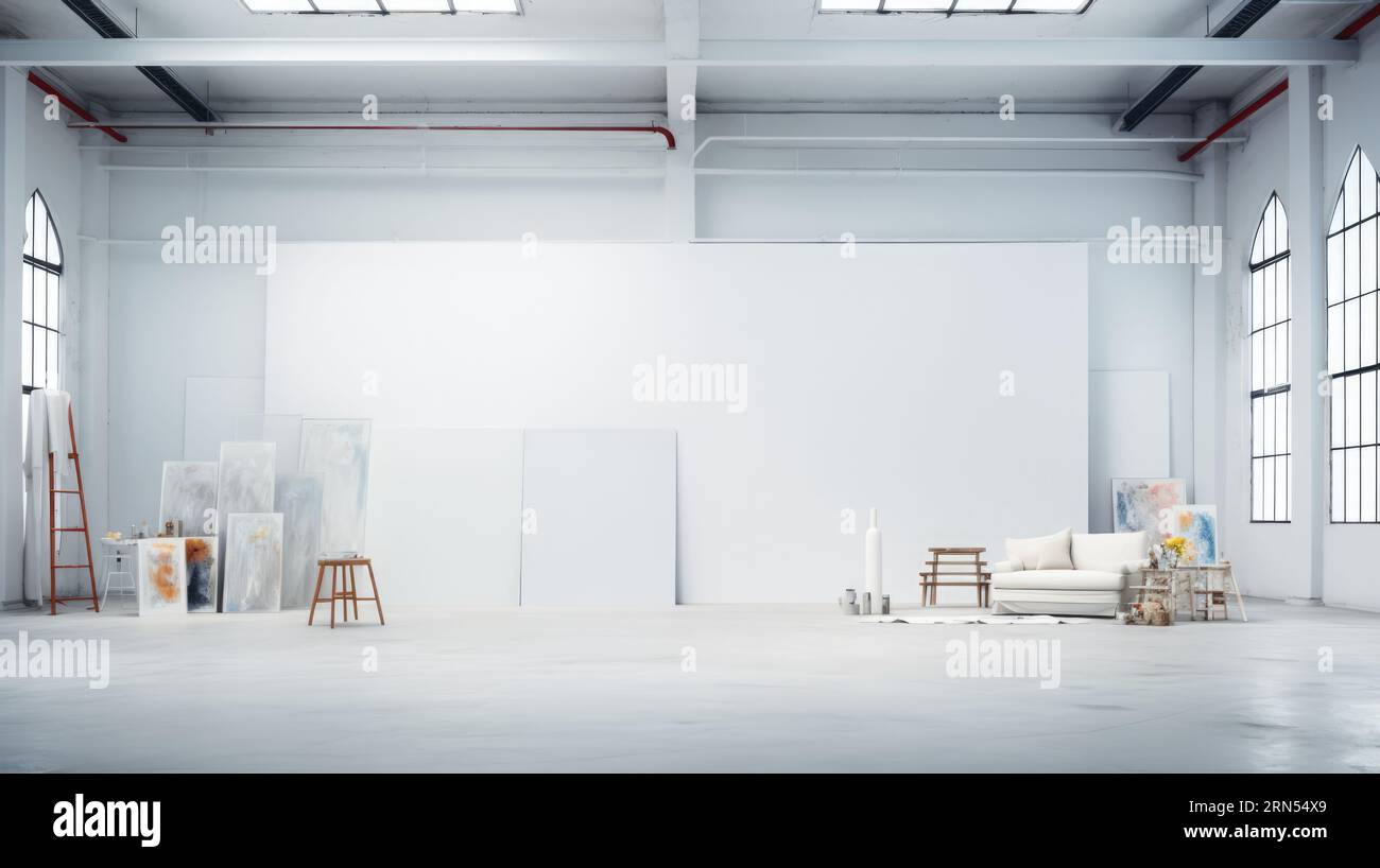 Minimalist interior of art studio wide angle view white color ambiance ...