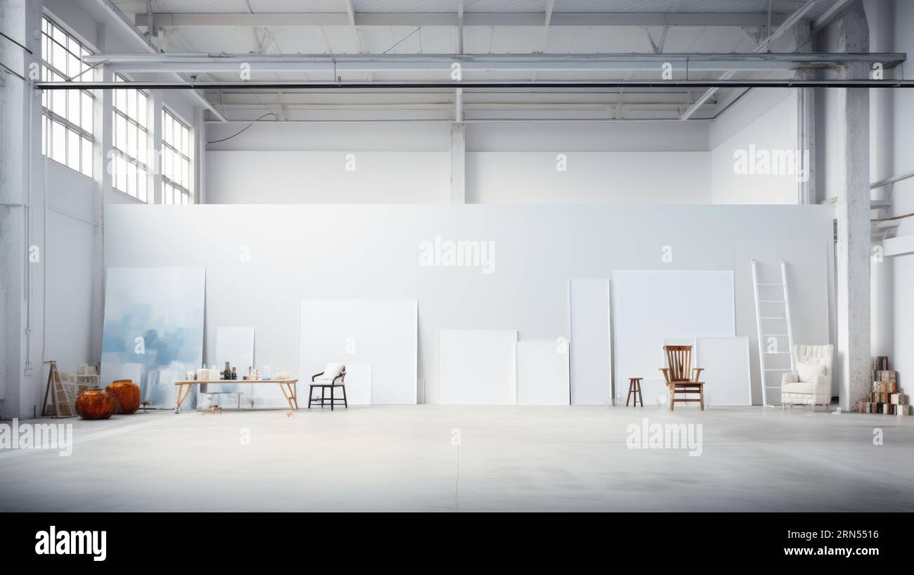 Minimalist interior of art studio wide angle view white color ambiance Stock Photo - Alamy