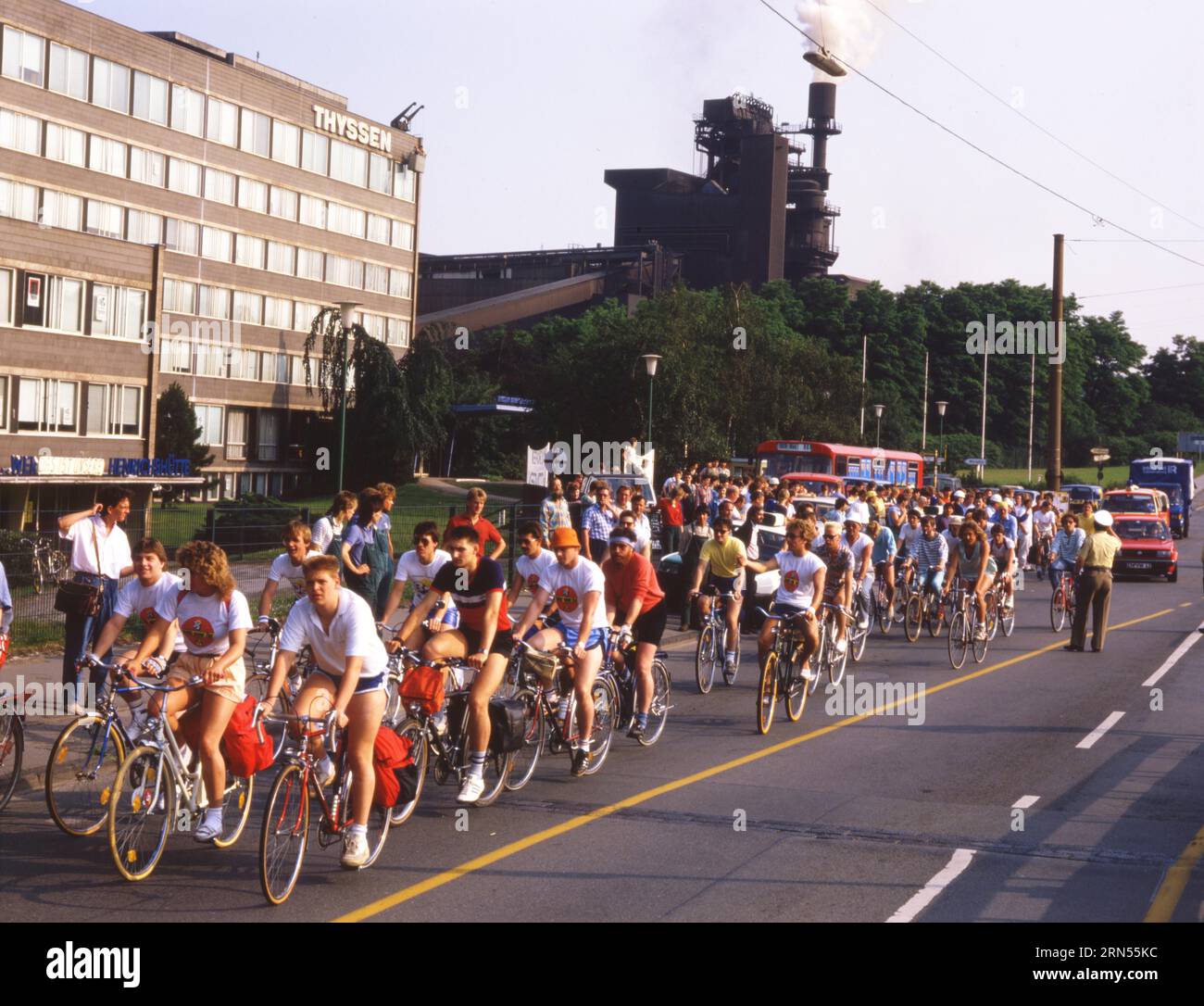 Thyssen. Trade union protest. Bicycle parade 80s, Hattingen, Germany ...