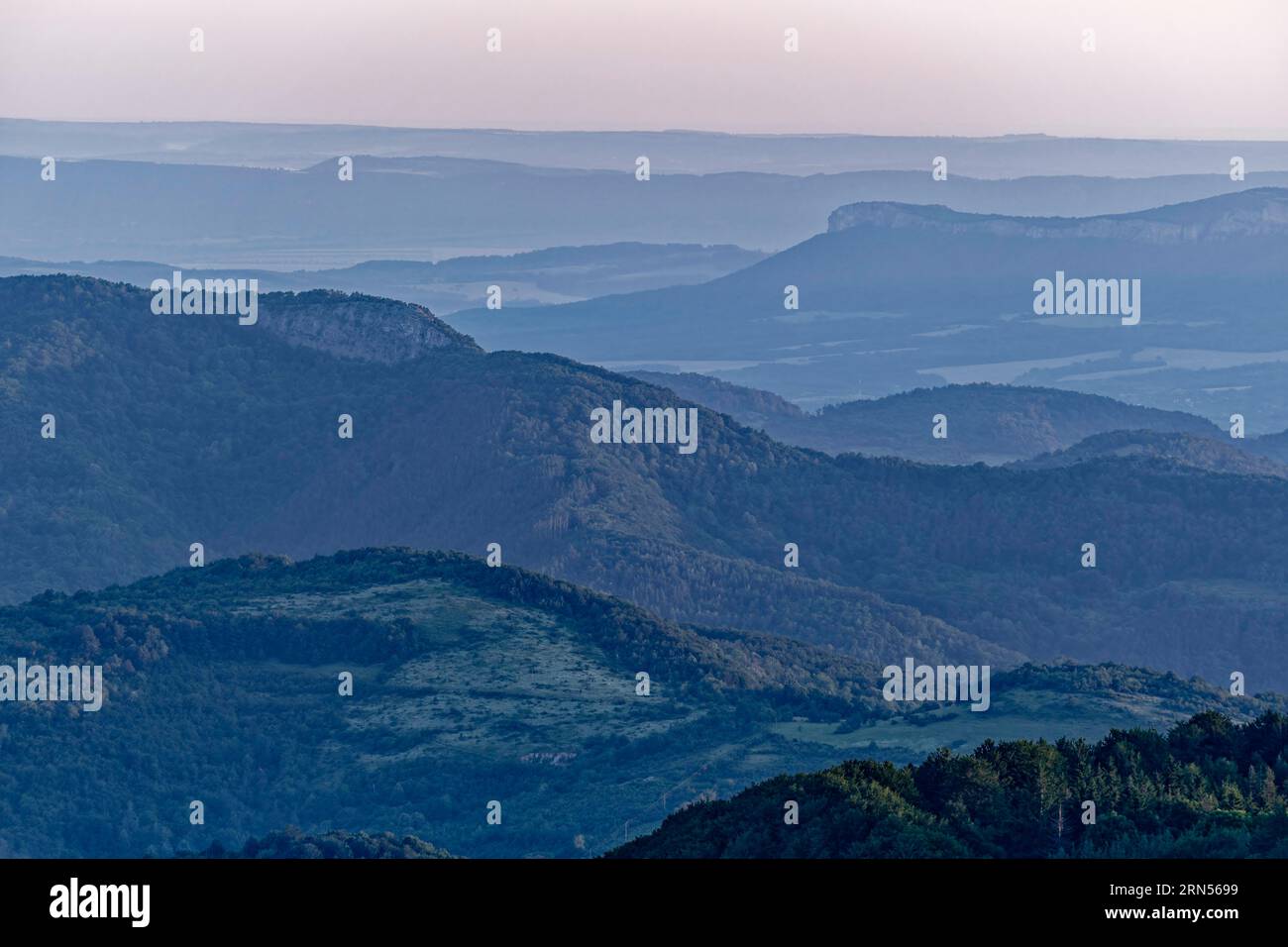 Daybreak over the mountain landscape of the Balkan Mountains and the ...