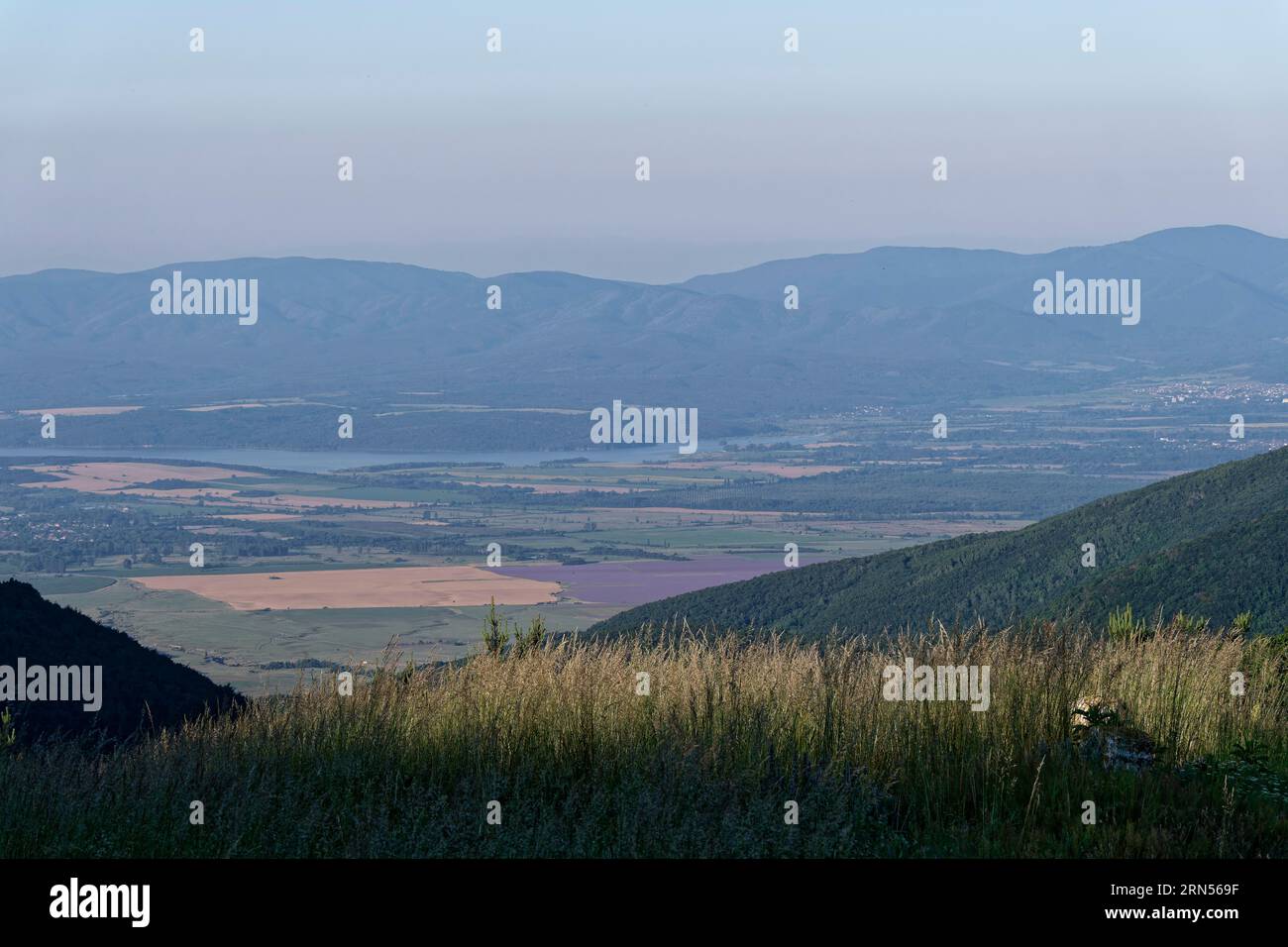 Mountain landscape of the Balkan Mountains and the forested slopes of ...