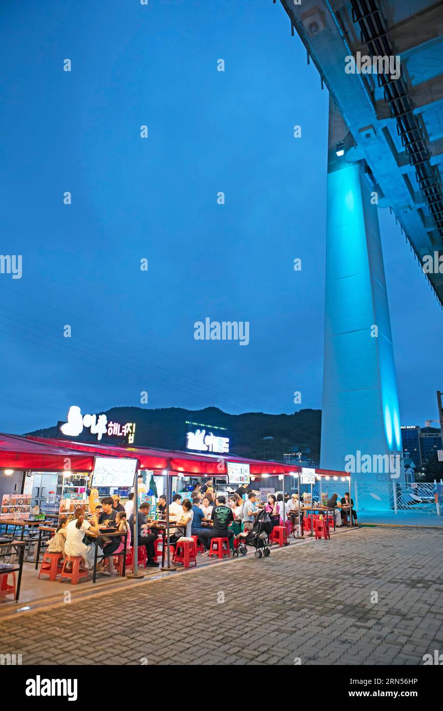 Nangman Pocha night market under Dolsan Bridge, night shot, Yeosu, Jeollanam-do Province, South ...