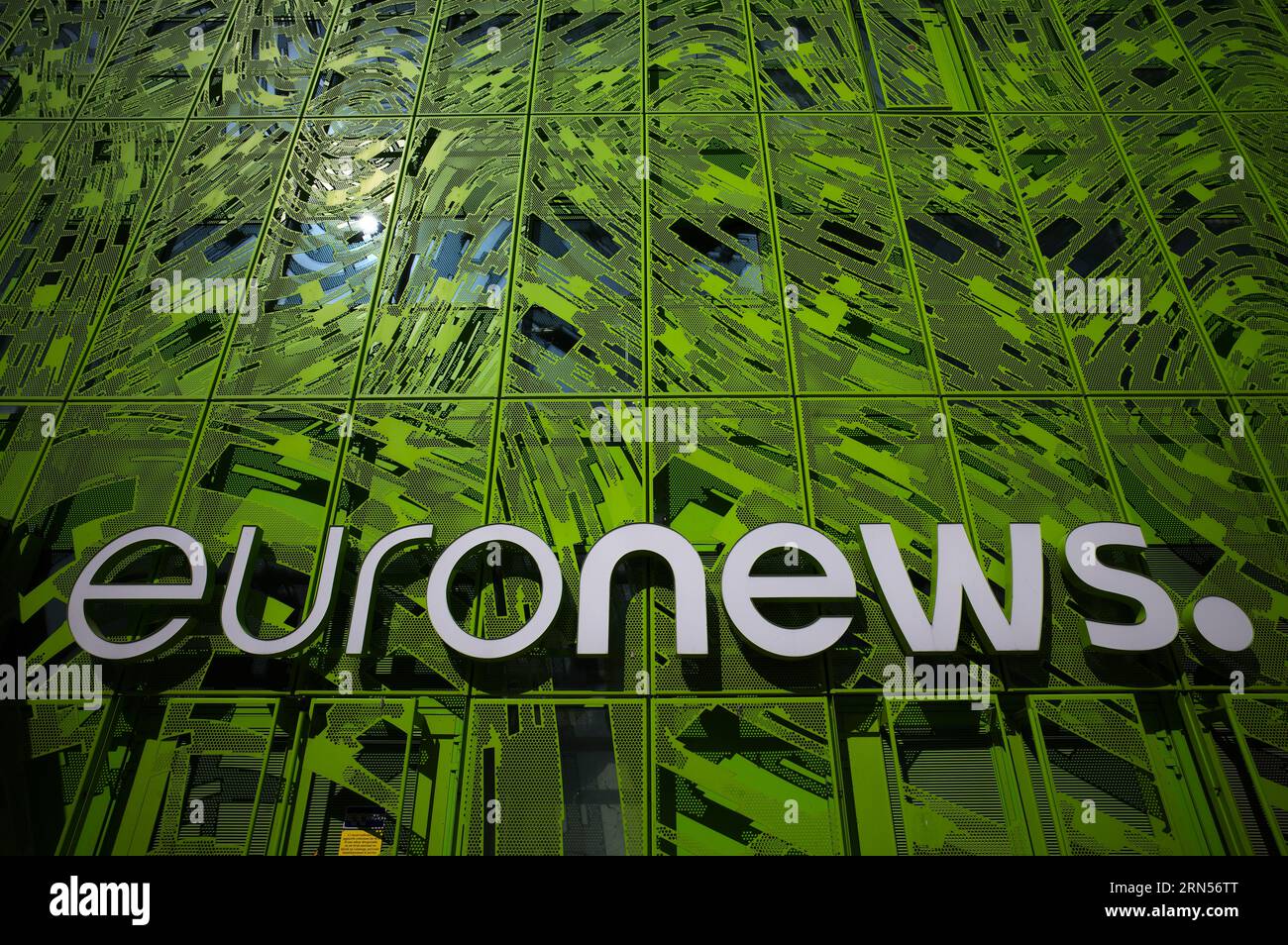 Euronews lettering, Le Cube Verte, green cube, headquarters of the TV ...